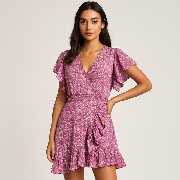Dresses | Perry Walker Collective Madi Silk Floral Flutter Wrap Mini ...